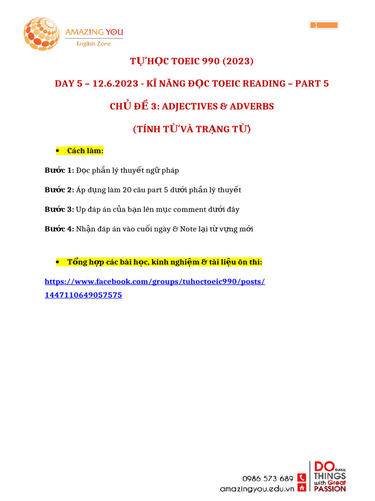 Tự Học TOEIC 990 - Day 5 - 12.6 - ToEIC Reading Part 5 (Tính Từ & Trạng Từ) | PDF
