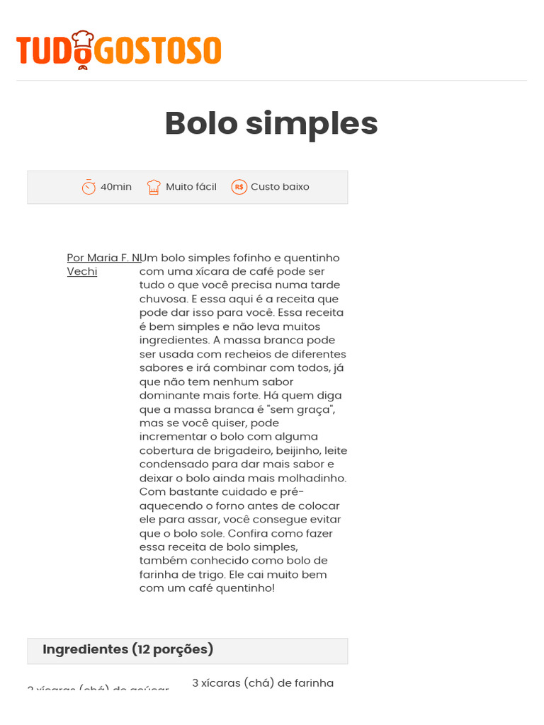 Receita de Bolo Simples e Fofo - TudoGostoso | PDF