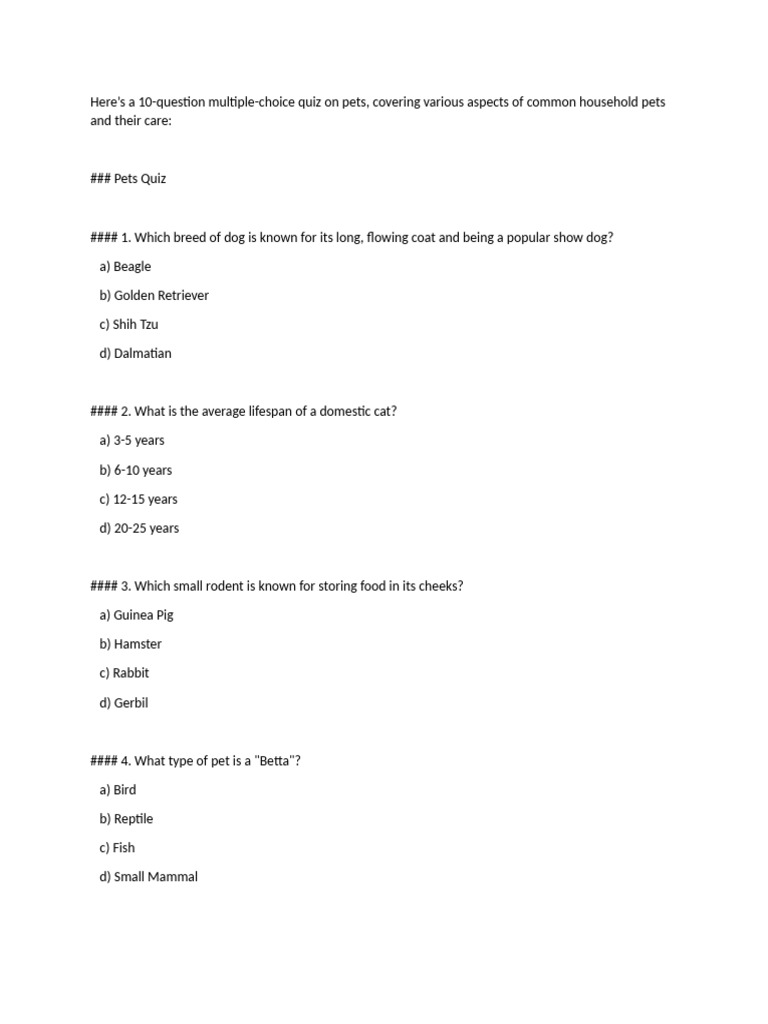 Quiz On Pets | PDF