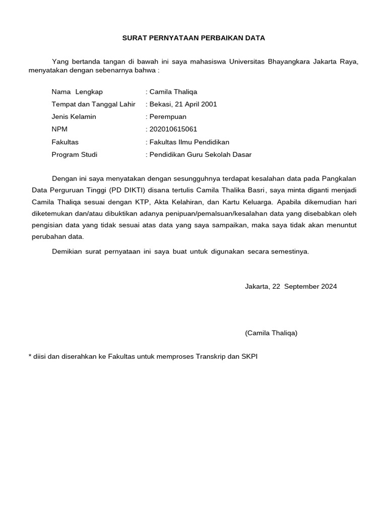 Surat Pernyataan Perbaikan Data | PDF