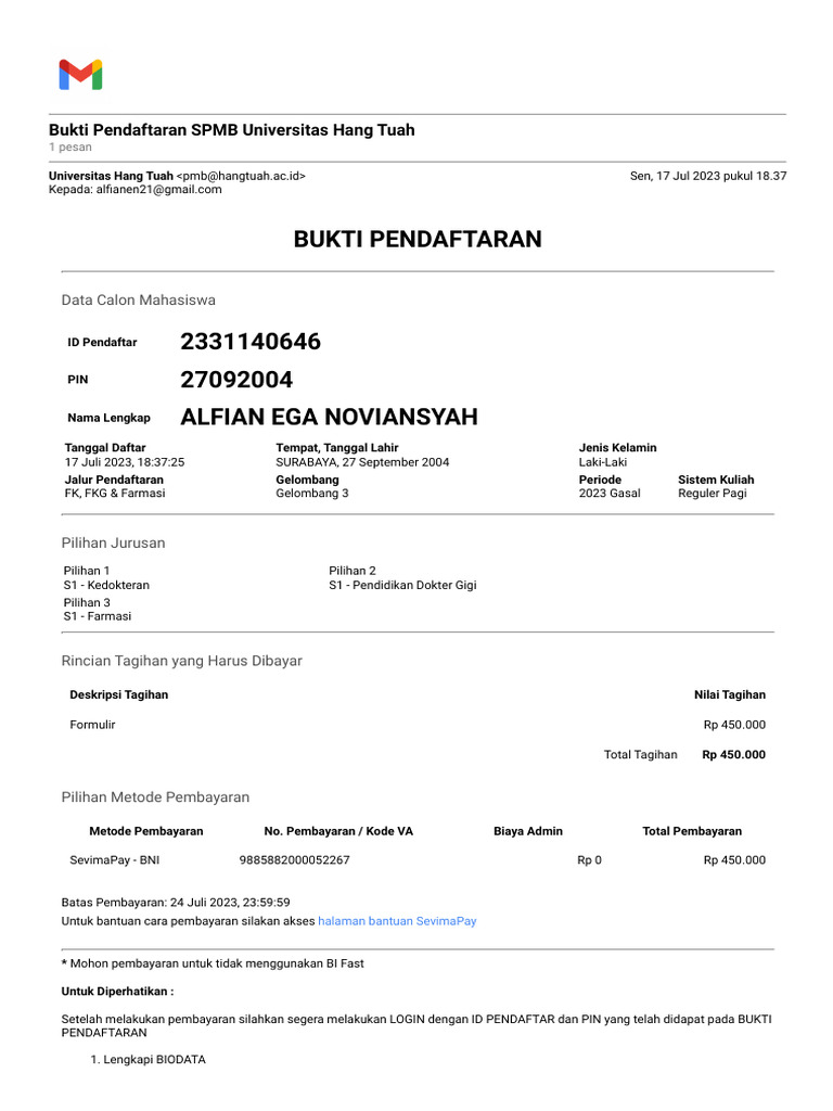 Gmail - Bukti Pendaftaran SPMB Universitas Hang Tuah | PDF