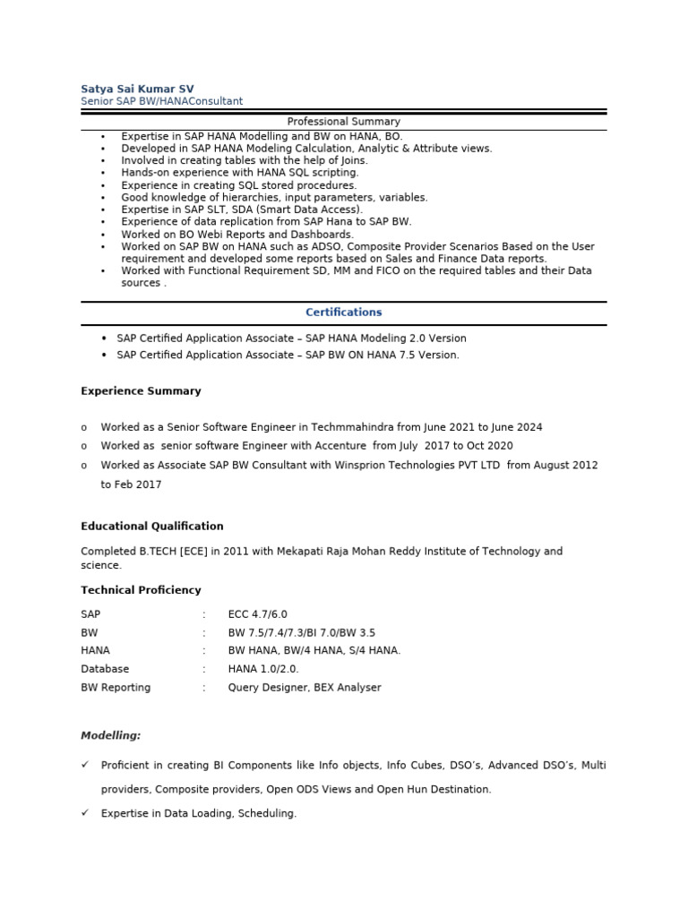 SAP BW & HANA Analytics Profile 1 | PDF | Mondelez International | Databases