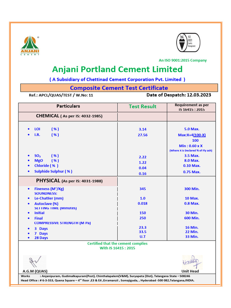 Composite Cement Test Certificate 2023 | PDF | Structural Engineering ...