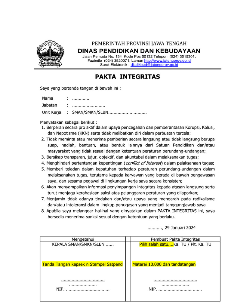 Contoh Format Pakta Integritas Sekolah Ka TU N PLT - 240127 - 212015 | PDF