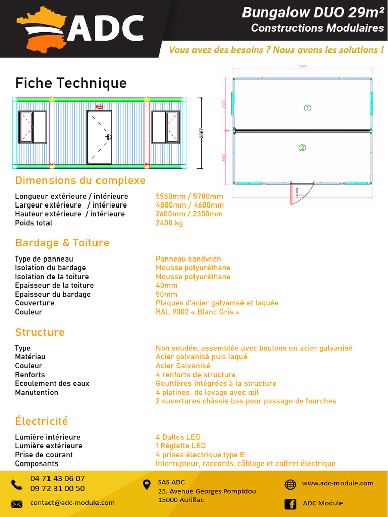 Fiche Technique ADC Module Bungalow DUO 29m 2023 - Compressed | PDF