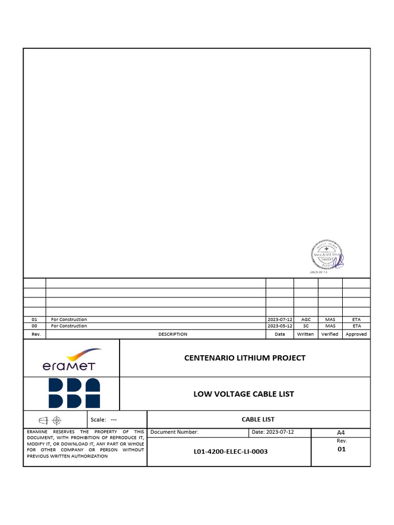 L01-4200-ELEC-LI-0003 Lista de Cables de BT | PDF