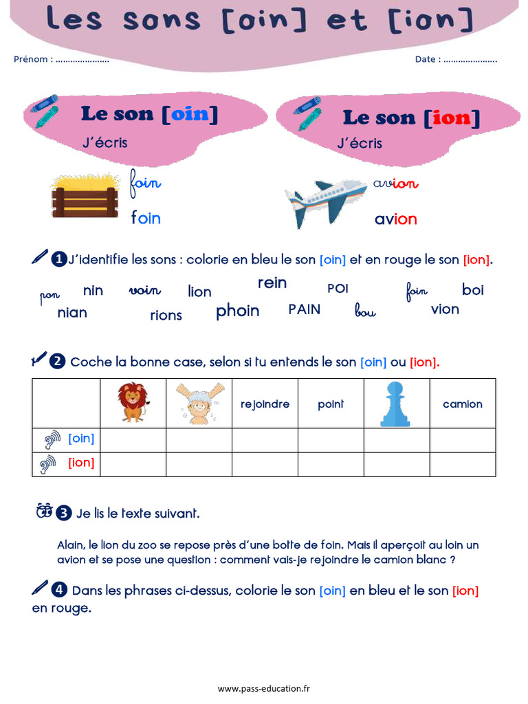 Confusion Entre Les Sons Oin Et Ion CP CE1 Exercices | PDF