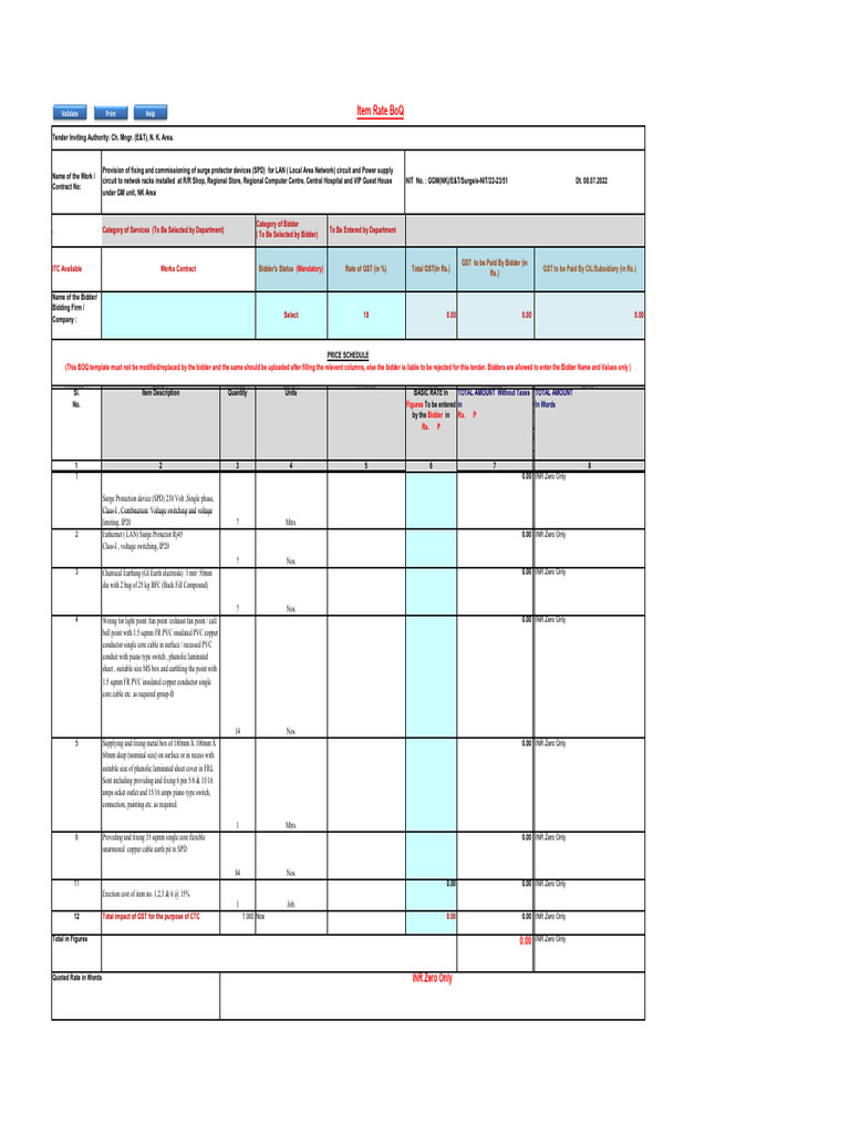 Item Rate Boq: Validate Print Help | PDF