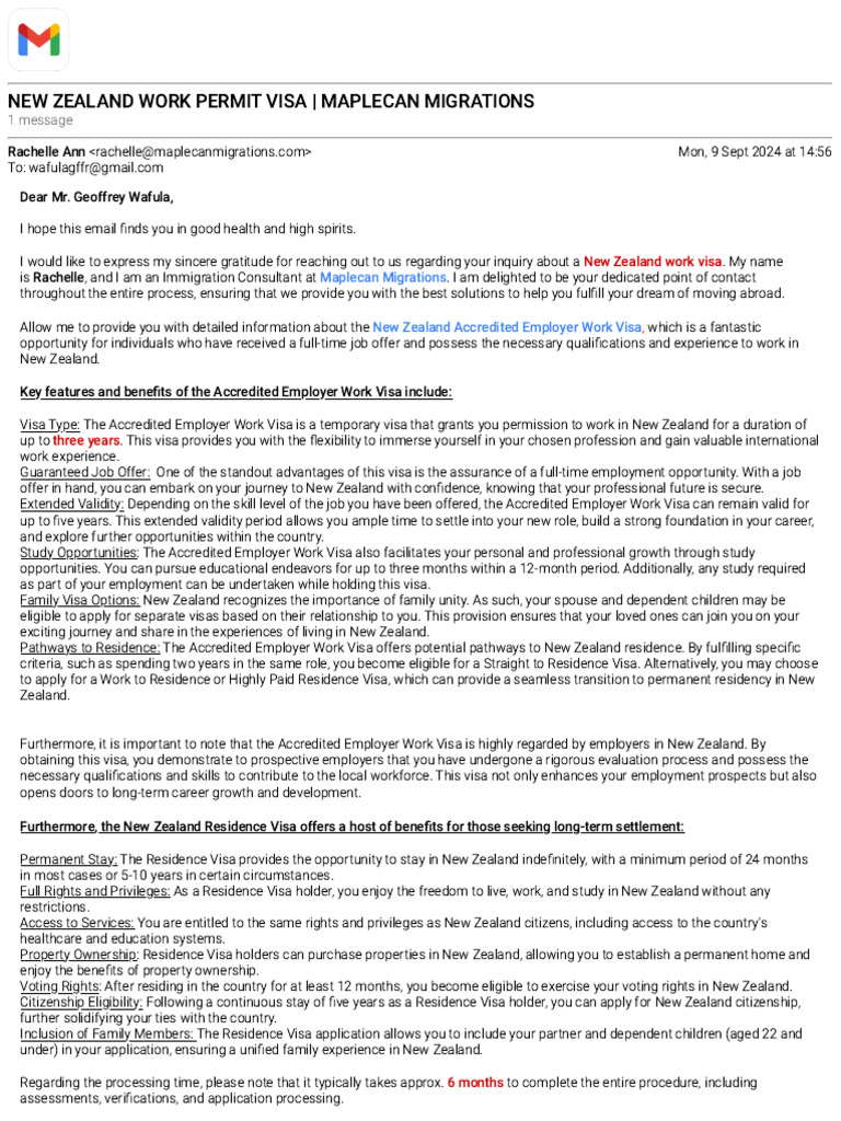 Gmail - NEW ZEALAND WORK PERMIT VISA - MAPLECAN MIGRATIONS | PDF ...