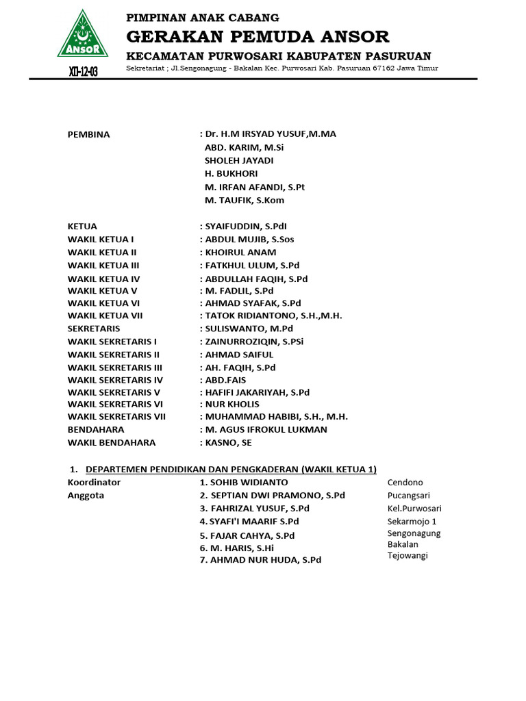 Susunan Pengurus Pac GP Ansor 2024-2027 | PDF