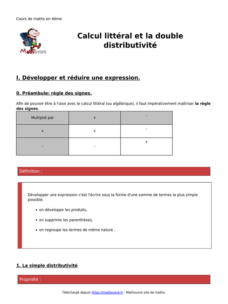 Calcul Litteral Et La Double Distributivite Cours de Maths en 4eme 557 | PDF