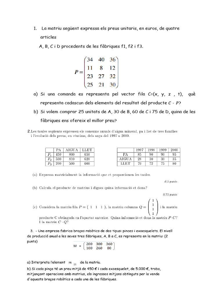 Exercicis de Matrius - Interpretació Del Producte de Matrius | PDF