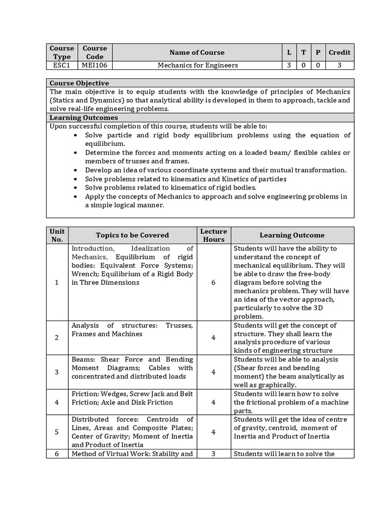 Lecture Plan Mechanics For Engineers | PDF