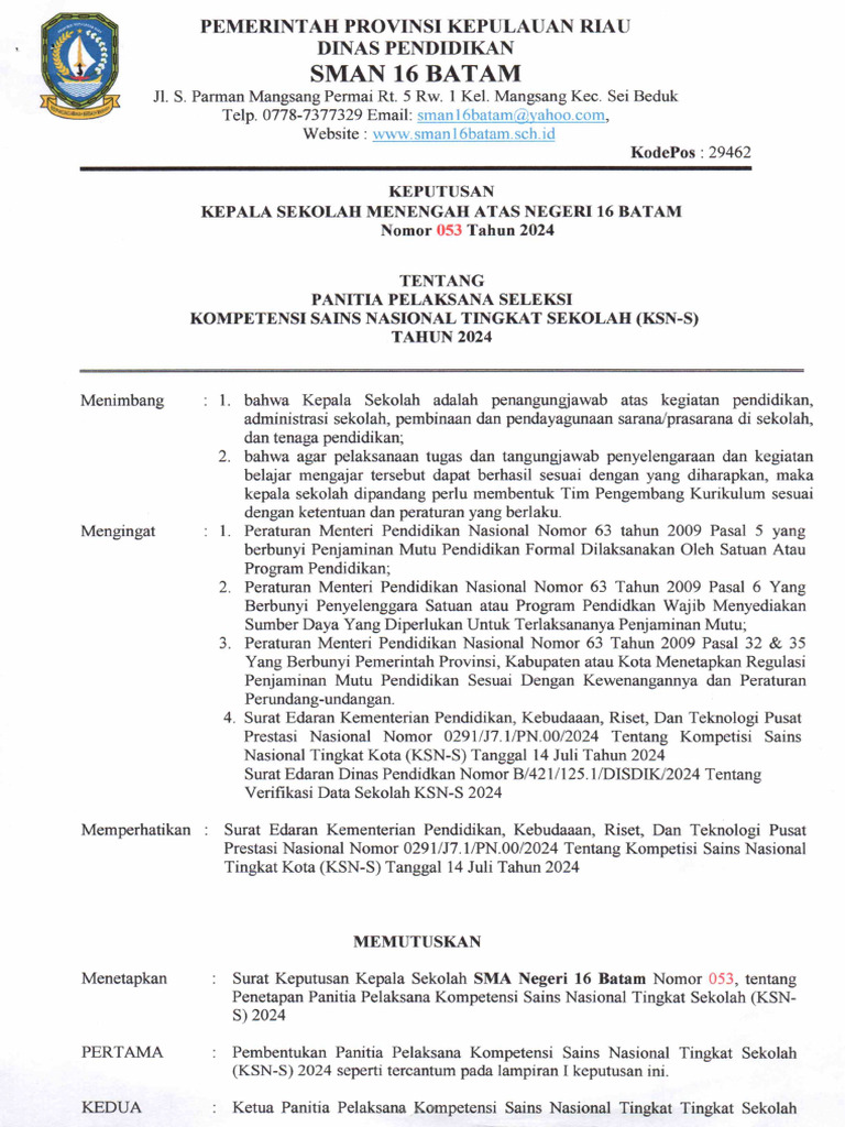 Panitia Seleksi KSN-S Sman 16 Batam Tahun 2024 | PDF