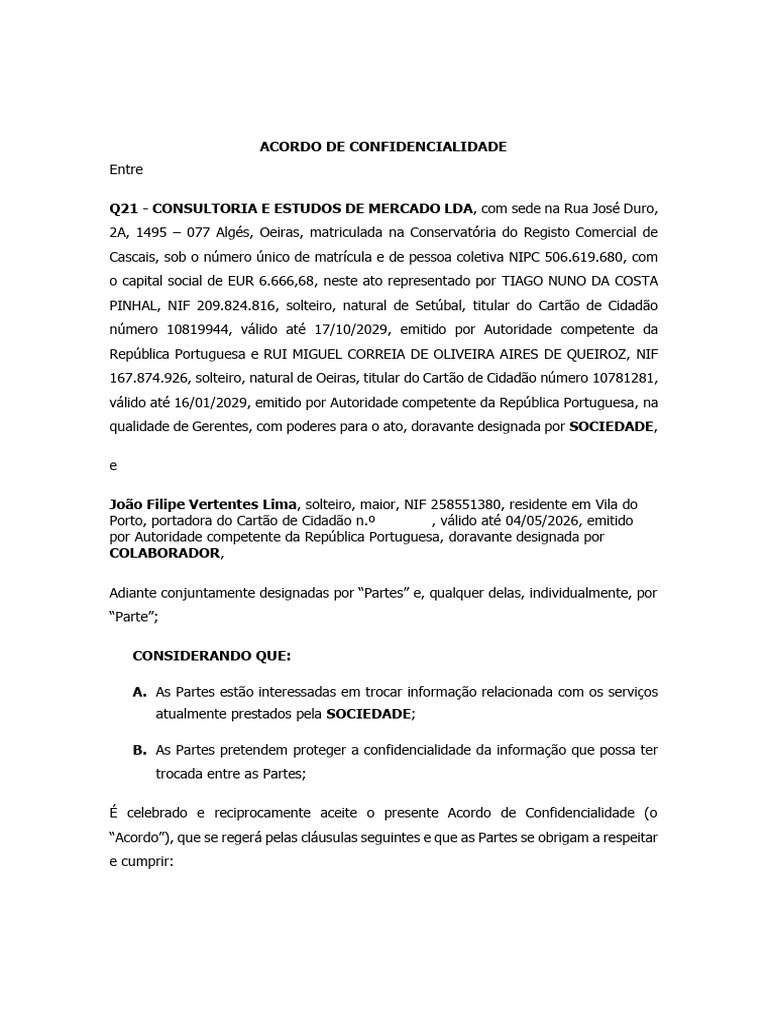 Minuta Acordo Confidencialidade (NDA) Q21 - Nome Do Colaborador | PDF