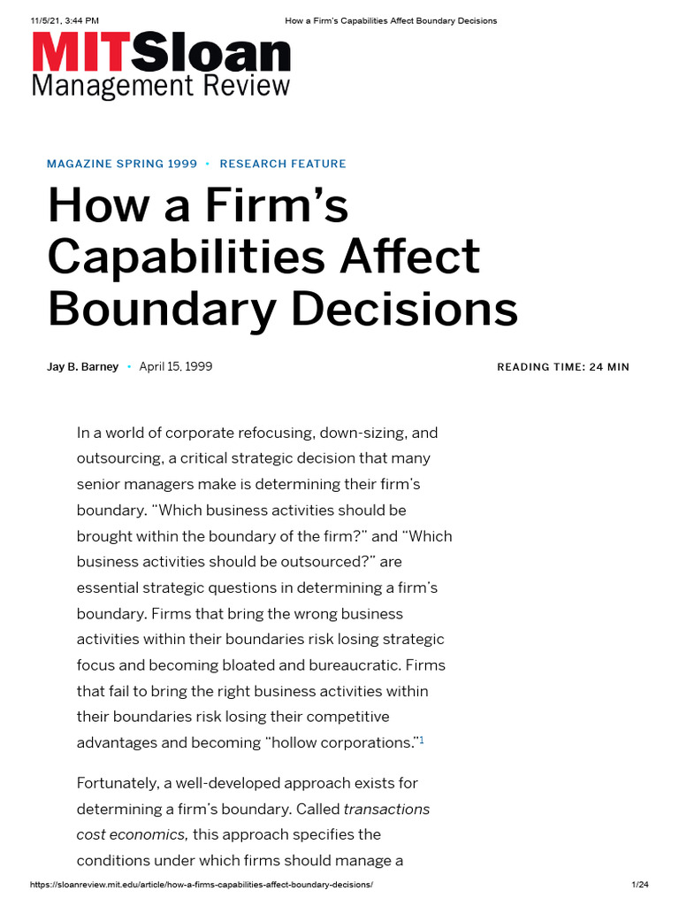 How A Firm S Capabilities Affect Boundary Decisions Pdf Market Economics Governance