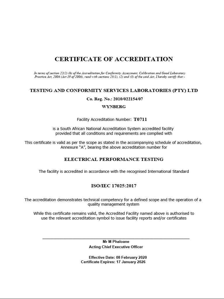Certificate of Accreditation: Testing and Conformity Services ...