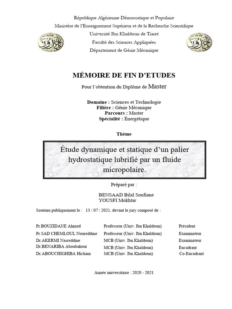Mémoire de Fin D'Etudes: Étude Dynamique Et Statique D'un Palier ...