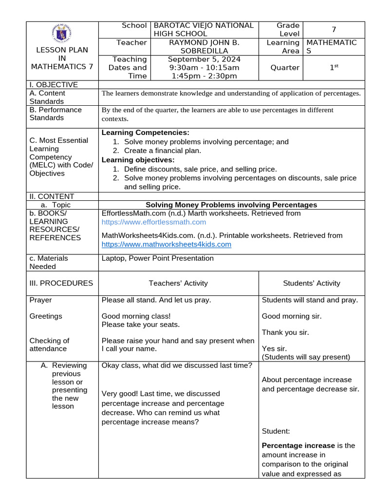 Lessonplan Detailed g7 Week5 | PDF