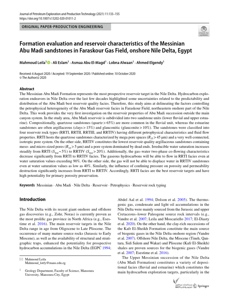 Formation Evaluation and Reservoir Characteristics of The Messinian Abu ...