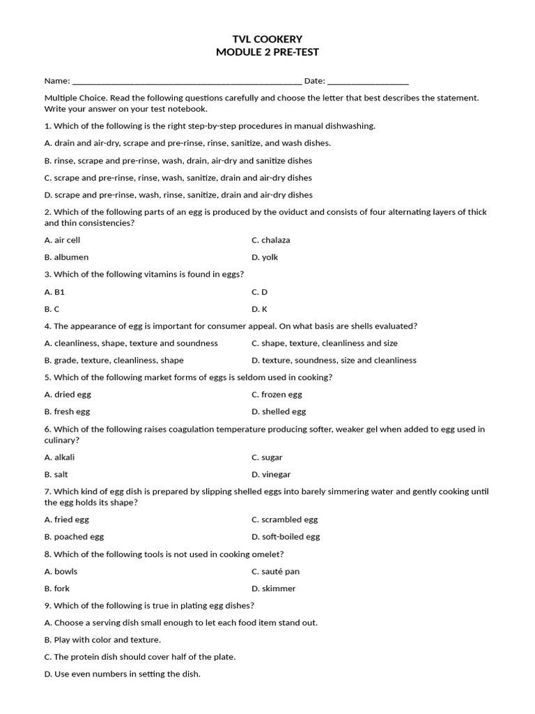 Cookery M2 - Pre Test | PDF