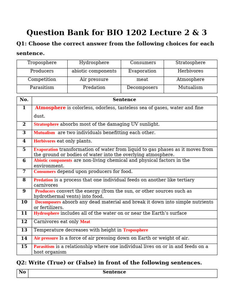 BIO 1202 Lecture 2 & 3 Question Bank | PDF | Atmosphere Of Earth ...