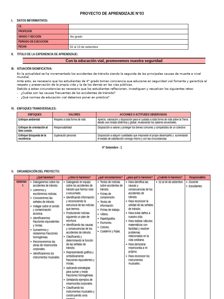 4° Grado - Proyecto de Aprendizaje N°03 | PDF