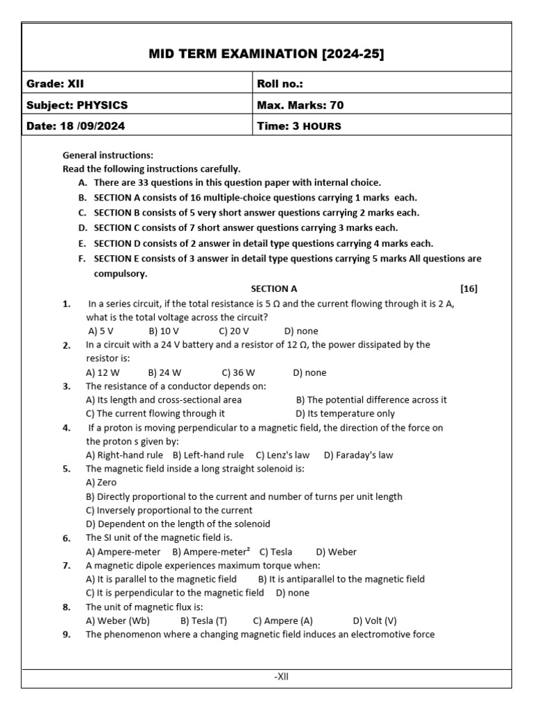 12th Phy-Set B | PDF