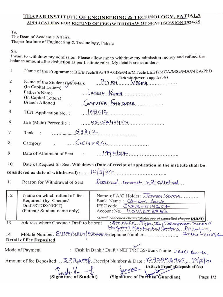 Thapar Admission Withdrawal and Fee Refund | PDF