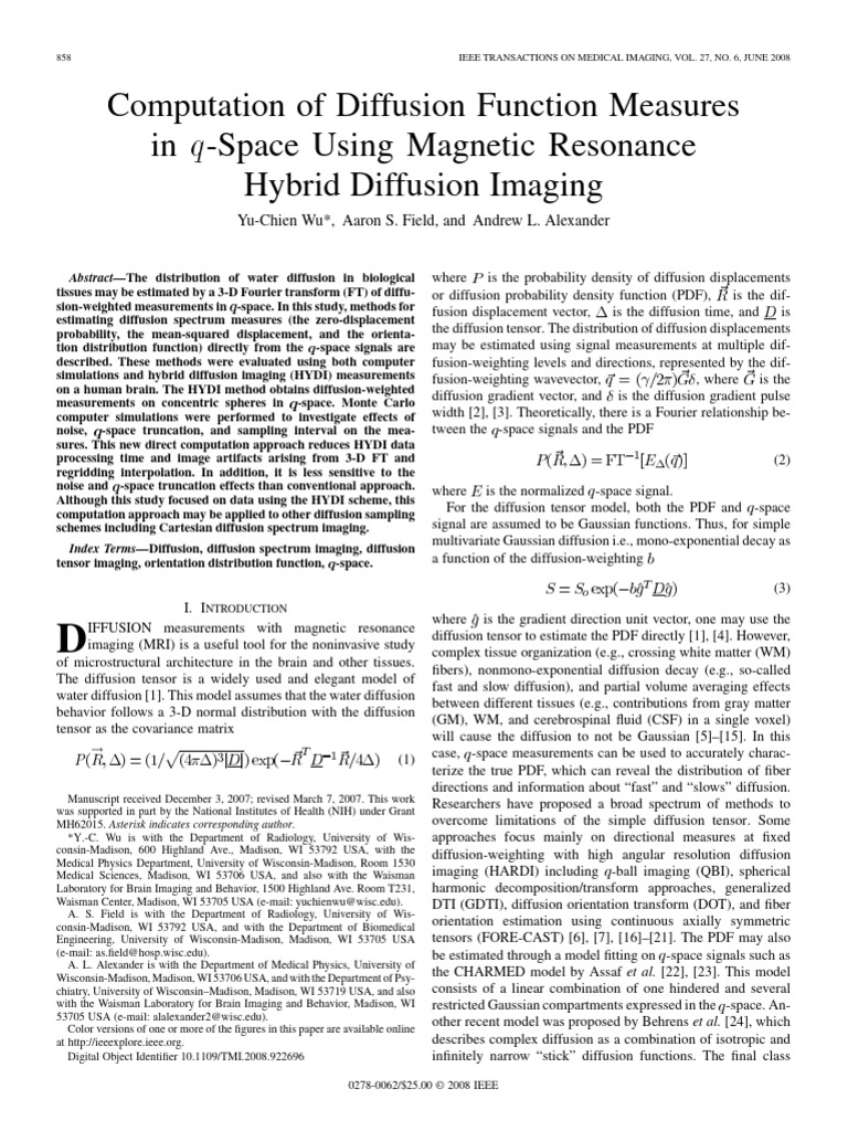 Computation of Diffusion Function Measures in Q - Space Using Magnetic ...