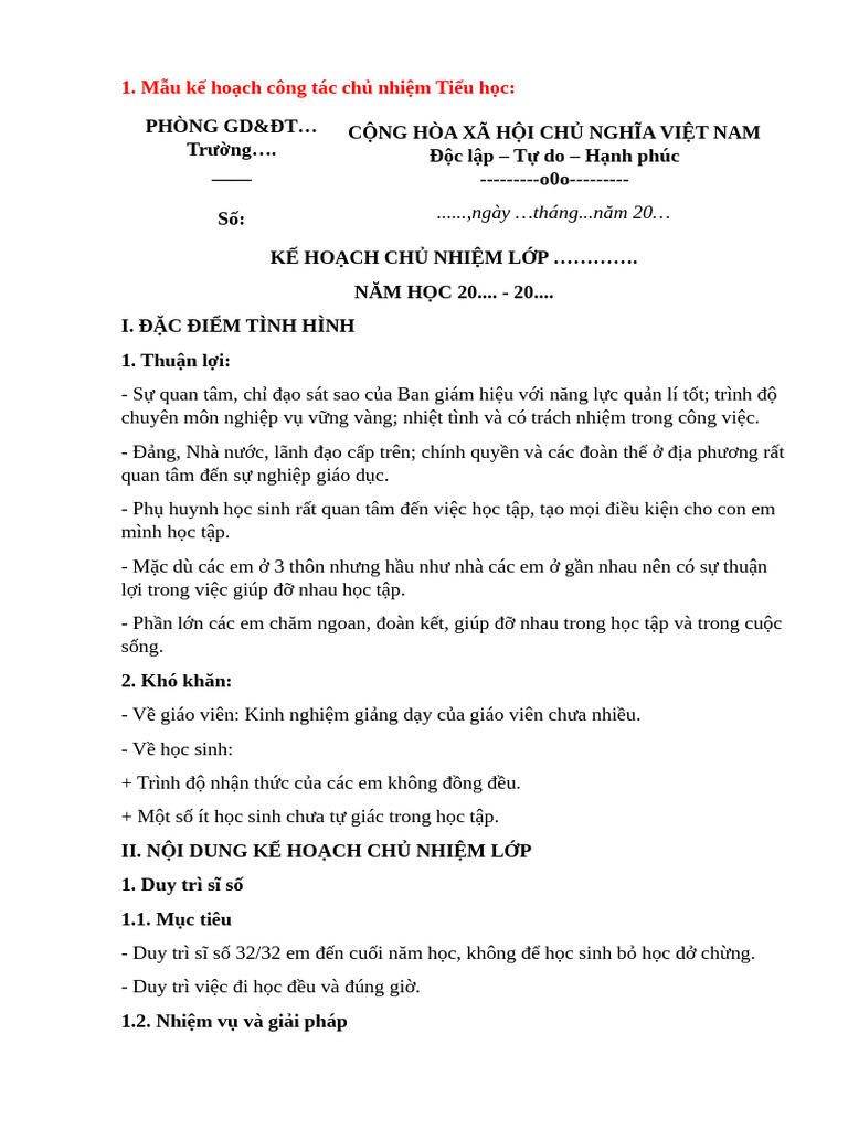 Mau Ke Hoach Chu Nhiem Lop Tieu Hoc THCS THPT | PDF