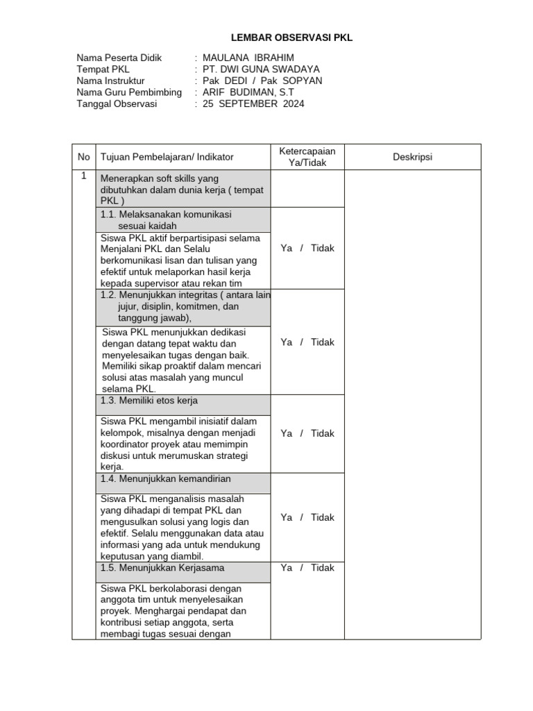 Lembar Observasi PKL | PDF