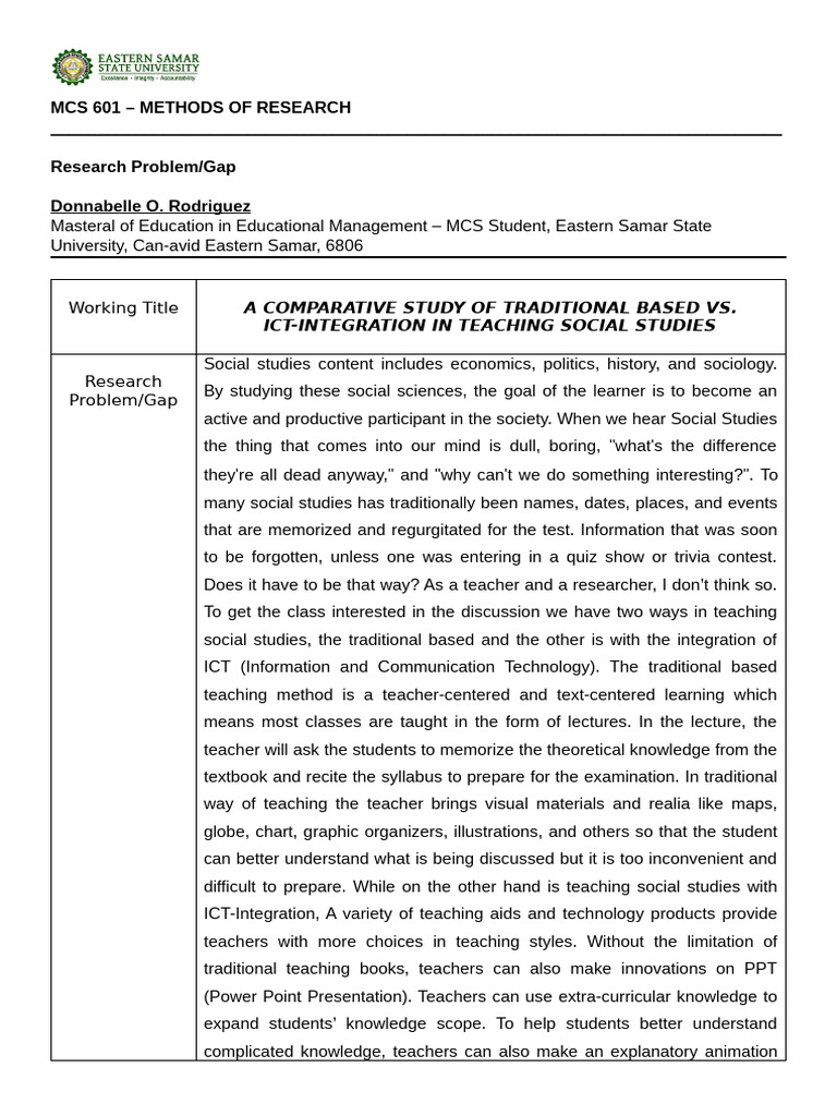 Mcs 601 - Methods of Research - Research Problem/Gap Donnabelle O ...