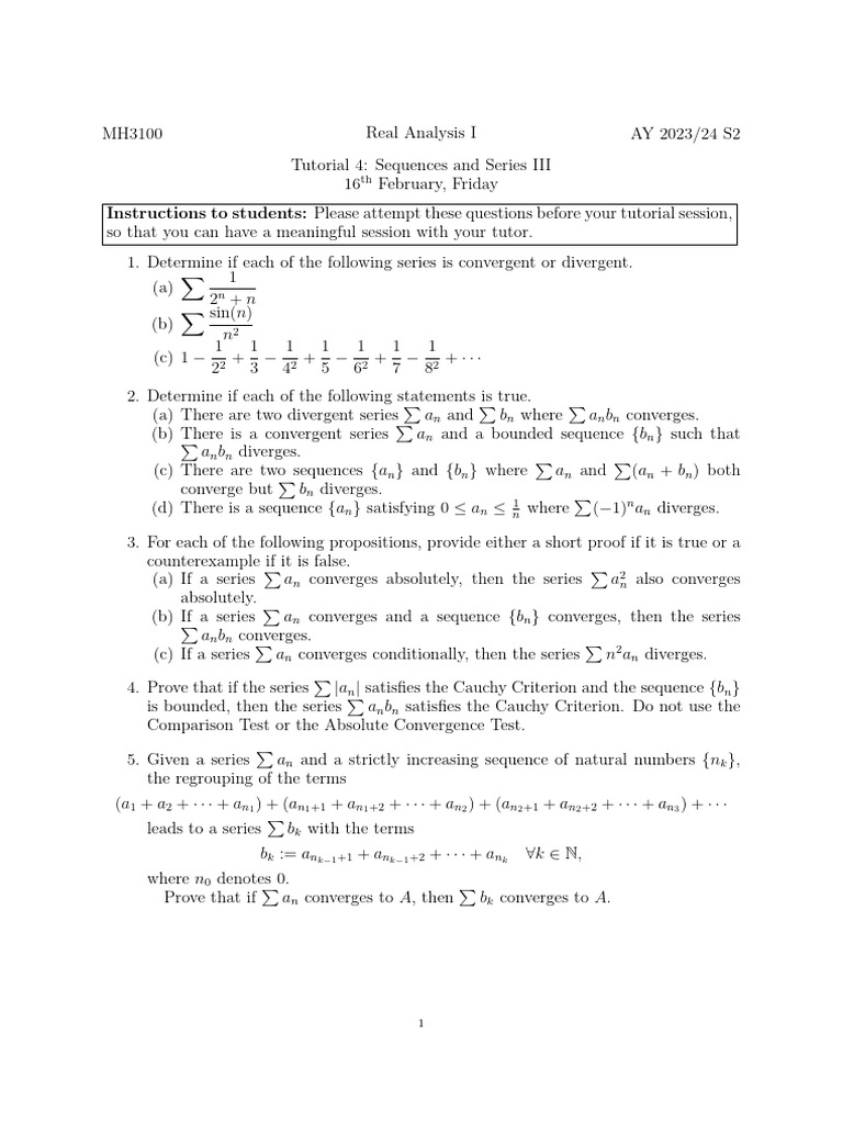 Tutorial 04 | PDF | Sequence | Series (Mathematics) Tutorial 04 | PDF | Sequence | Series (Mathematics)
