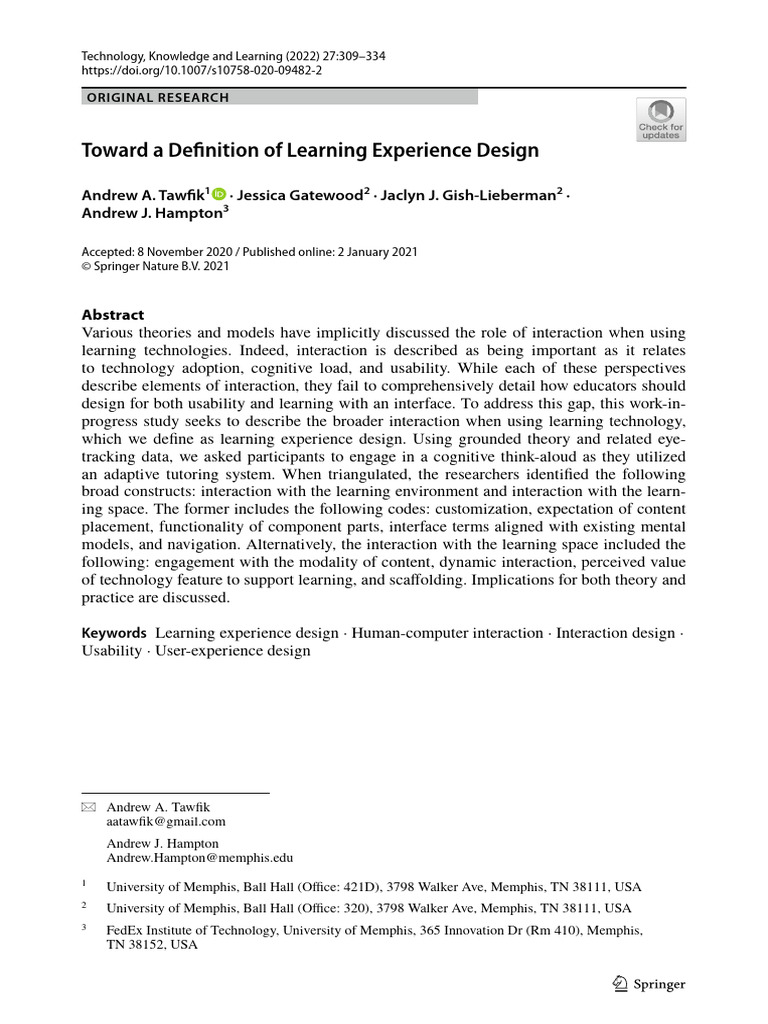 Tawfik Et Al. 2021 - Toward A Definition of Learning Experience Design | PDF