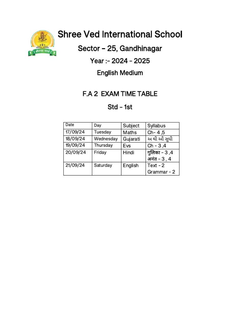 FA 2 - Exam Time Table STD 1 | PDF