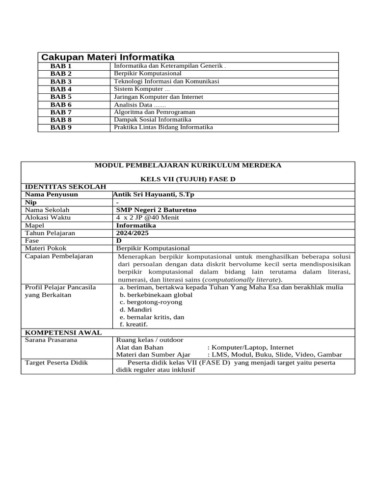 Modul AJAR Informatika 7 BERFIKIR KOMPUTASIONAL | PDF