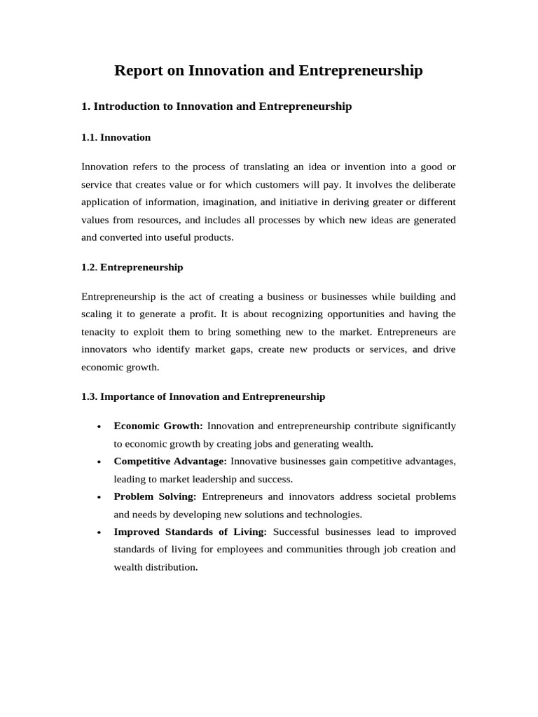 Report On Innovation and Entrepreneurship | PDF | Entrepreneurship ...