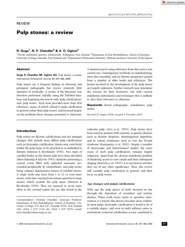 Int Endodontic J - 2008 - Goga - Pulp Stones A Review | PDF