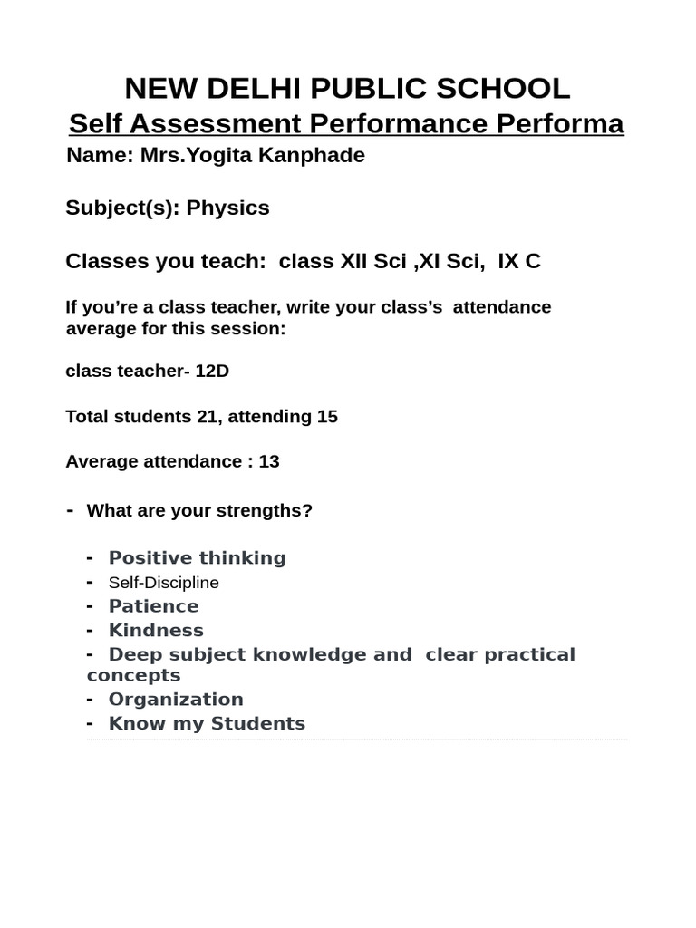 Self Assessment Performance Performa - Ndps | PDF