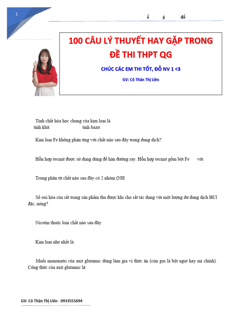 100 Câu Lý Thuyết Hay Gặp Trong Đề Thi Thpt Qg | PDF