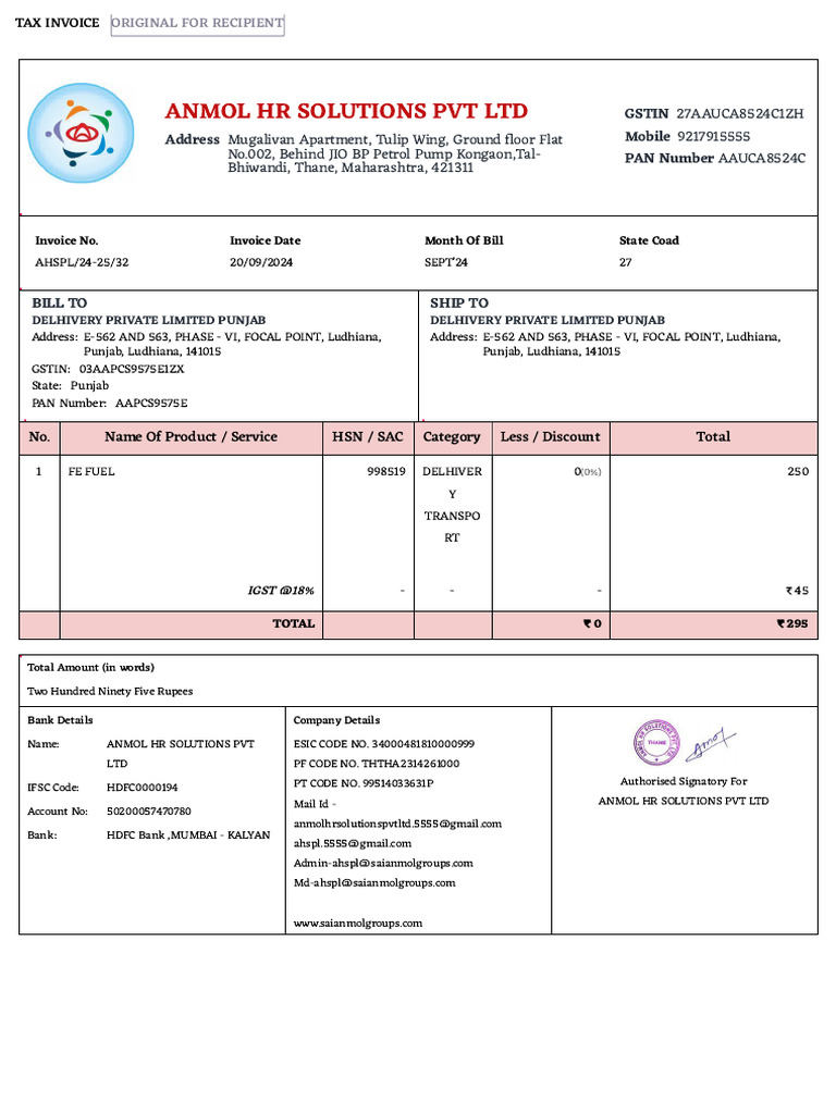 DELHIVERY PRIVATE LIMITED PUNJAB Sales Invoice AHSPL 24 25 32 | PDF