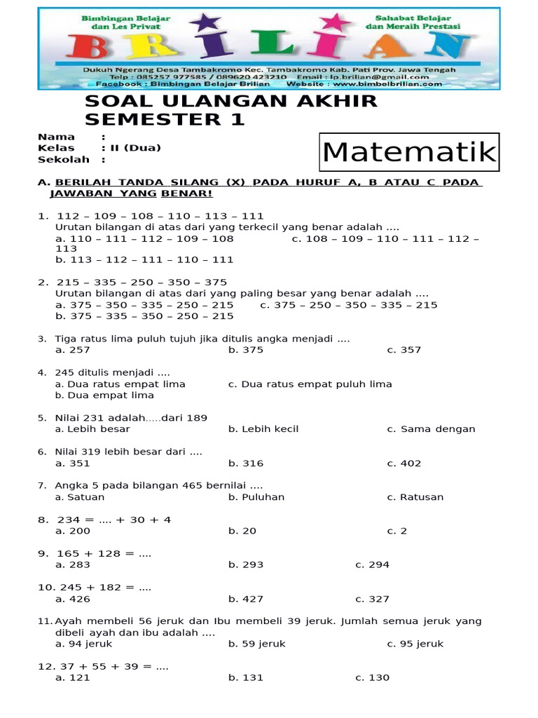 Soal UAS Matematika Kelas 2 SD Semester 1 Ganjil Dan Kunci Jawaban WWW Bimbelbrilian Com | PDF