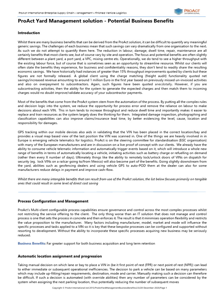 Proact Yard Management Solution - Potential Business Benefits | PDF