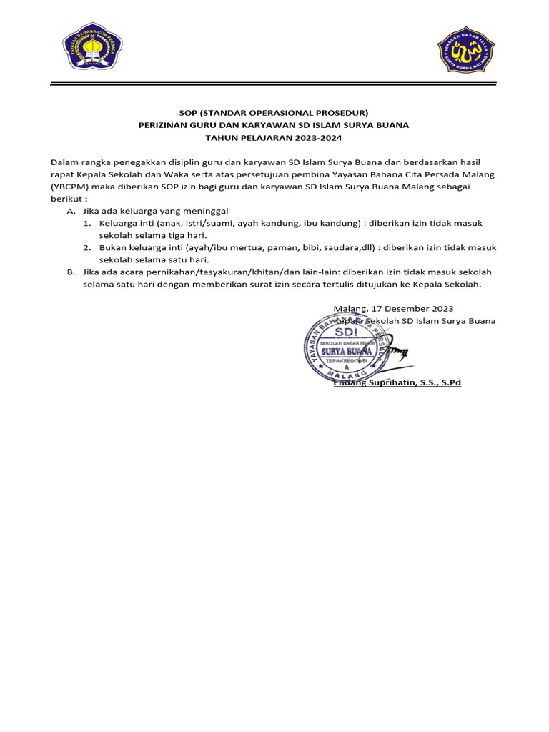 Sop Izin Guru Dan Karyawan | PDF