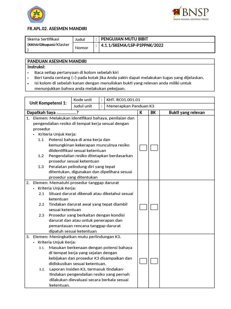 FR - Apl.02 Asesmen Mandiri-1 | PDF
