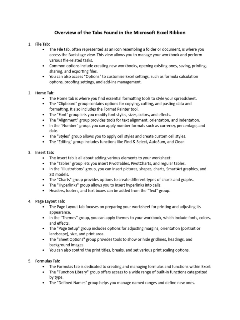 Overview of Excel Ribbon Tabs | PDF | Microsoft Excel | Computers