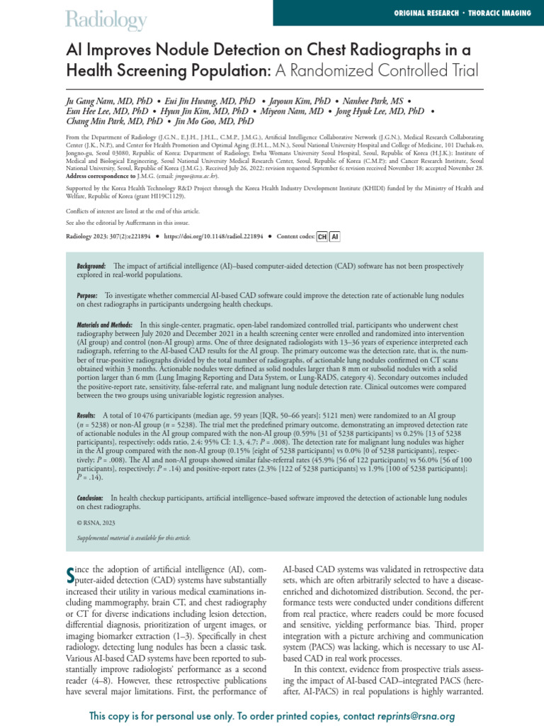 Nam Et Al 2023 Ai Improves Nodule Detection On Chest Radiographs in A ...