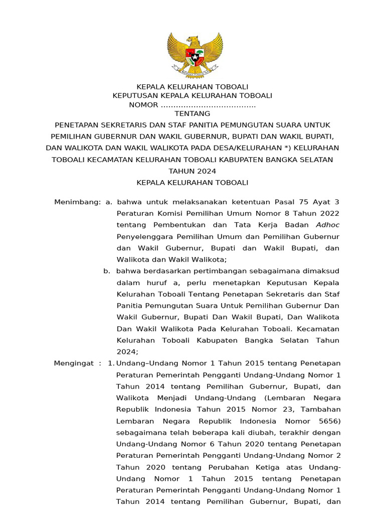 Contoh - Format - SK Kepala Desa - Sekretariat PPS - Pemilukada Tahun 2024 Deal | PDF