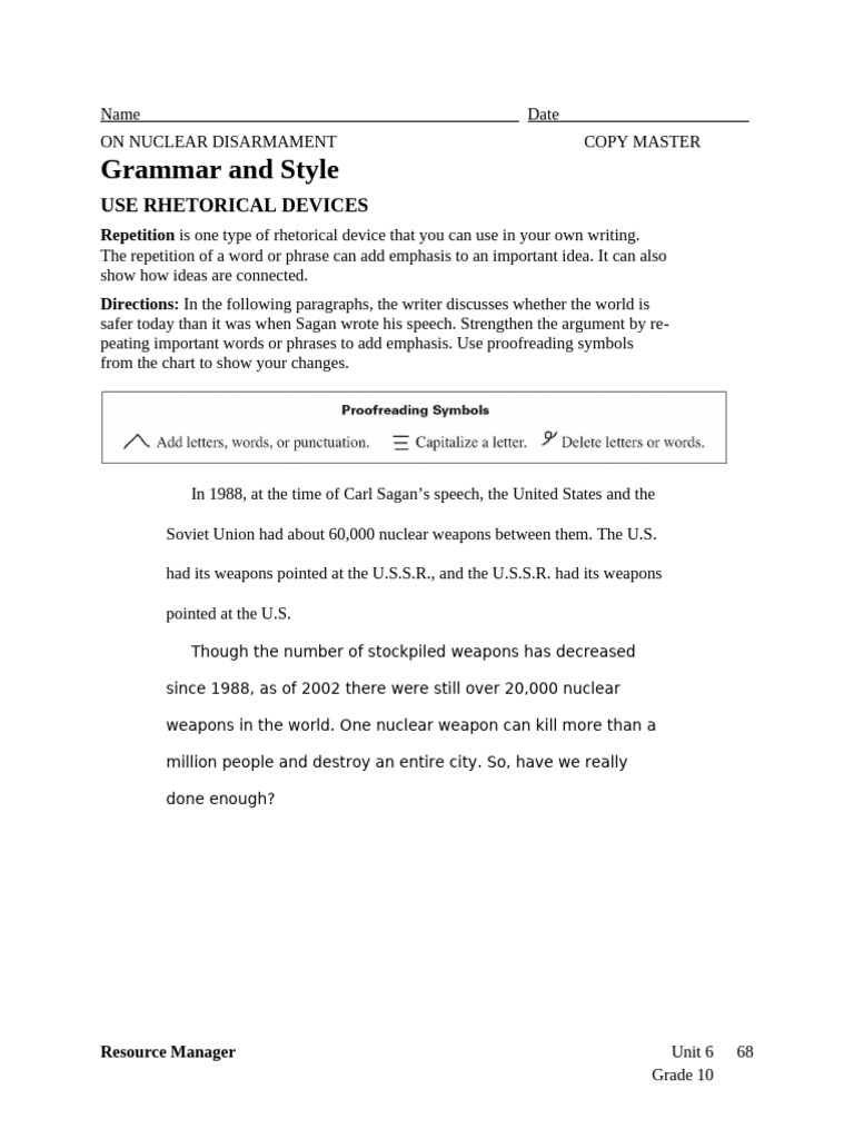 Nuclear Disarmament Worksheet 2 - Rhetorical Devices 2 | PDF